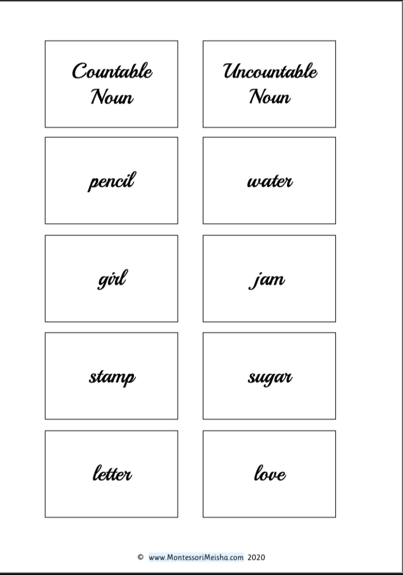Countable & Uncountable Nouns (Cursive) - Printable Montessori Teaching ...