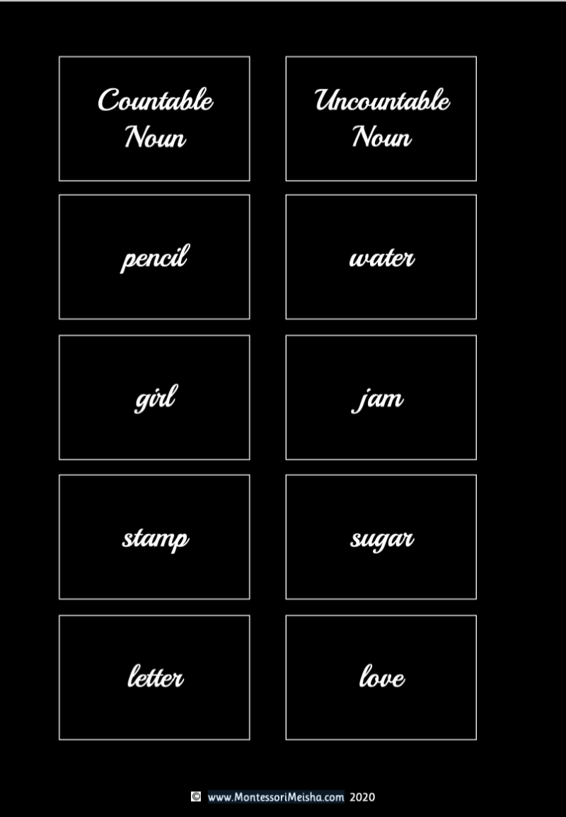 Countable & Uncountable Nouns (Cursive) - Printable Montessori Teaching ...
